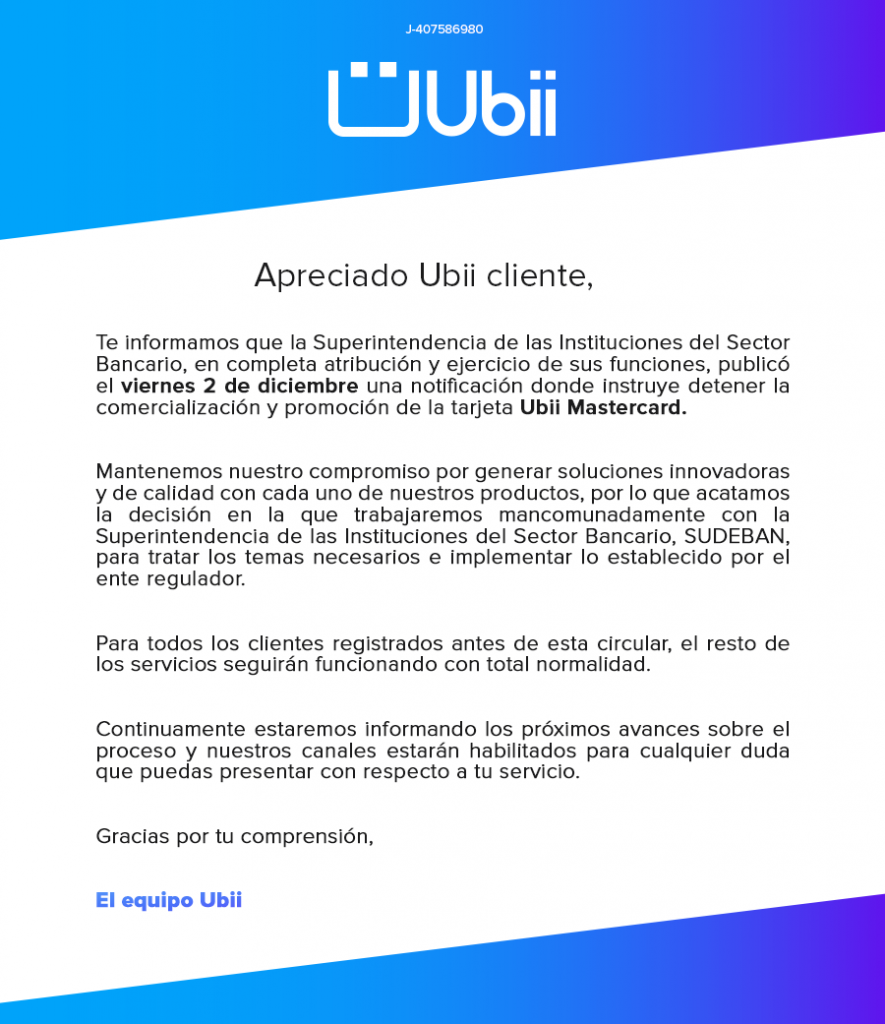 Ubii Pago responde tras prohibición de la Sudeban de su tarjeta prepagada