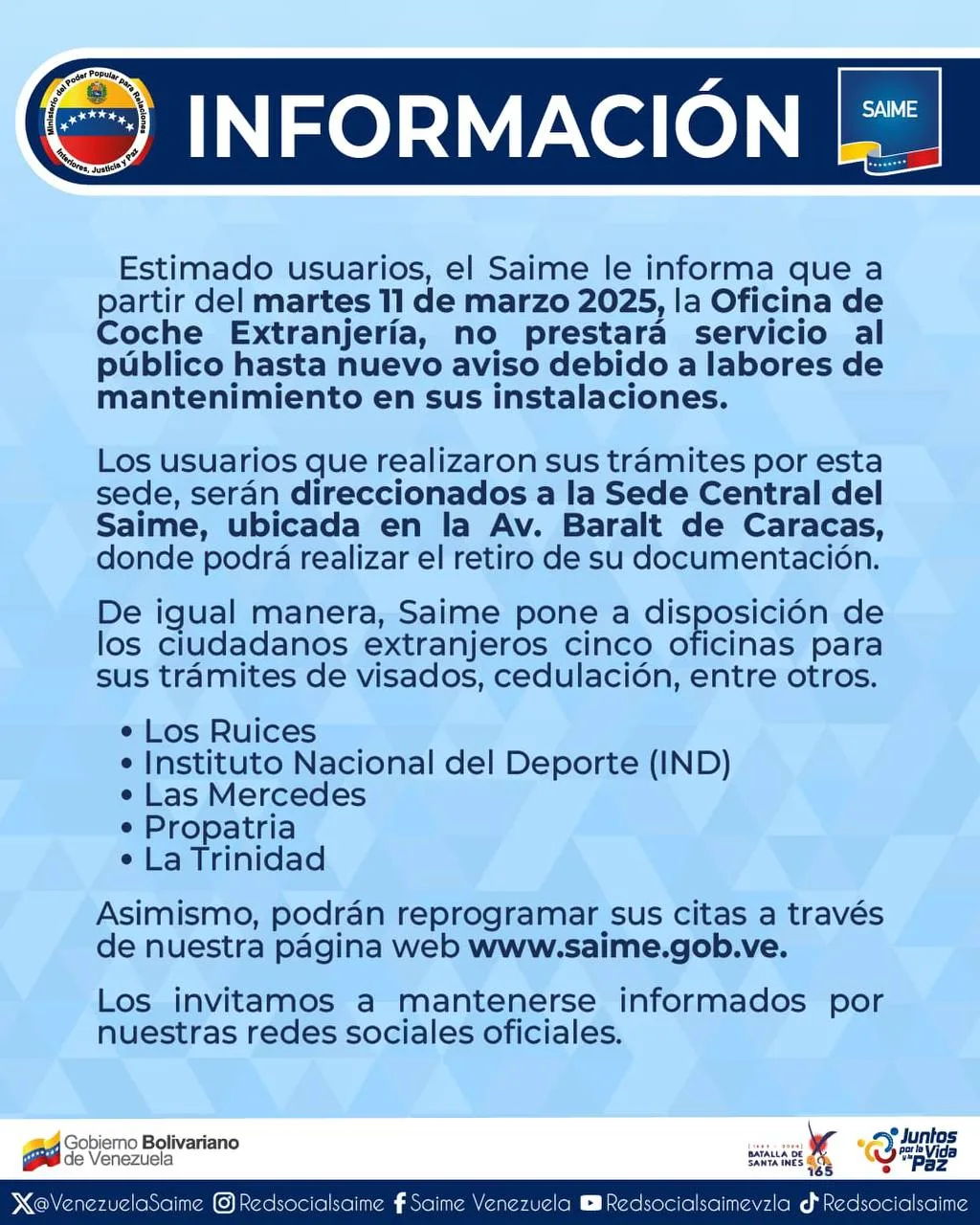 Saime: oficina de extranjería en Coche dejará de trabajar hasta nuevo aviso